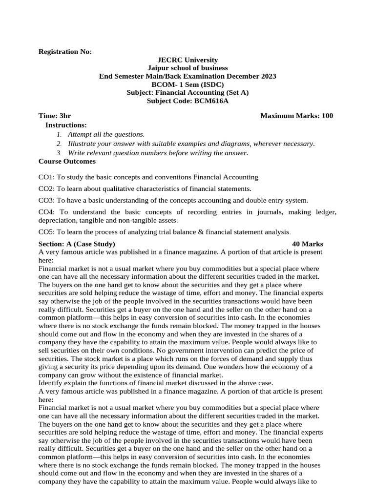 End Sem FA BCOM 1st (SET A) | PDF | Market (Economics) | Financial Markets