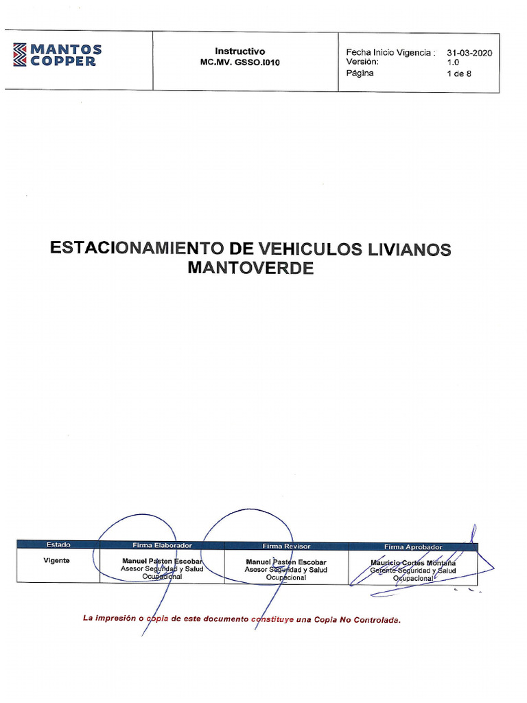 A.10 MC - MV.GSSO.I010 Instructivo Estacionamiento VL y Segregación de Áreas MV 2020 | PDF
