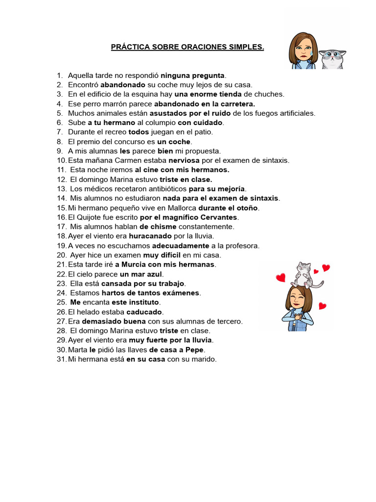 Práctica Sobre Oraciones Simples | PDF