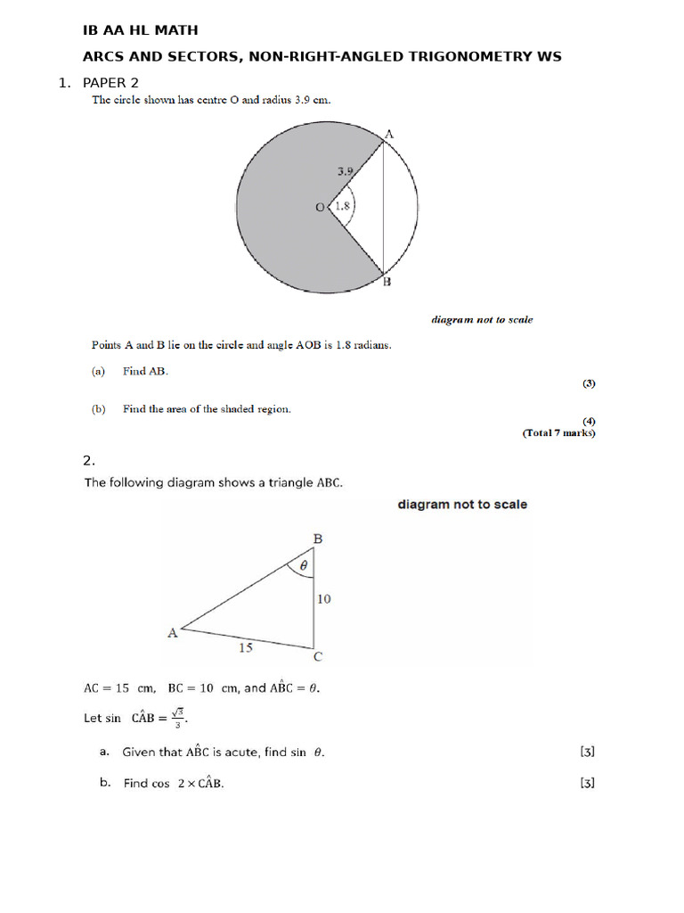 IB AA HL ARCS AND SECTORS, NON-RIGHT-ANGLED TRIGONOMETRY WS ...