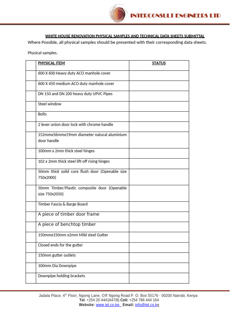 White House Materials Sample TDS Submital list | PDF