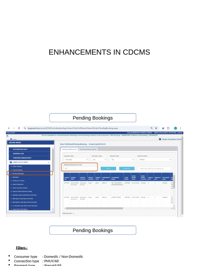 CDCMS Developments - Pending Booking & Search Booking Menus | PDF