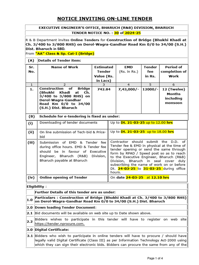 E Tender Notice - Bridge Bhukhi - Derol-Wagra | PDF