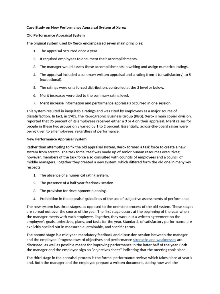 Case Study On New Performance Appraisal System At Xerox Pdf