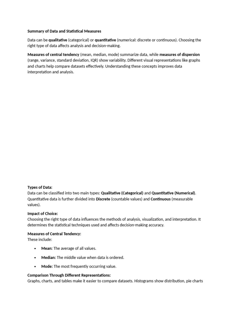 Summary of Data and Statistical Measures | PDF
