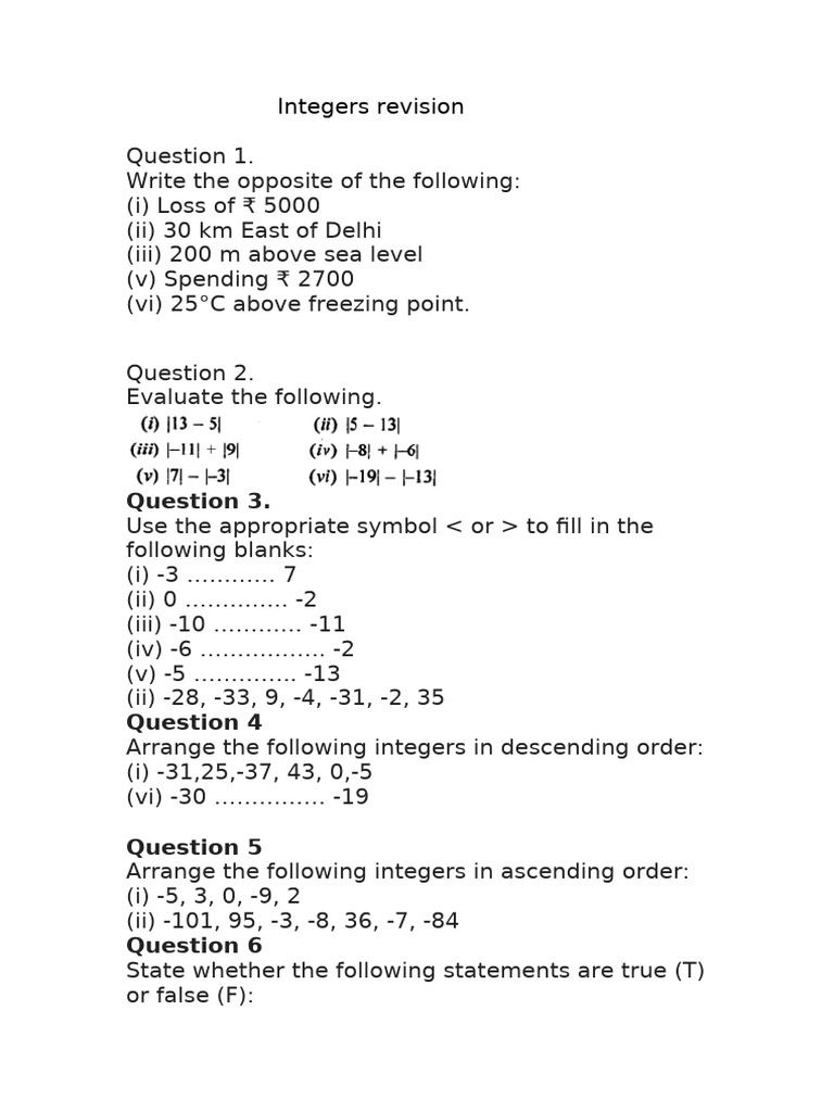 Integers Revision Exercises | PDF