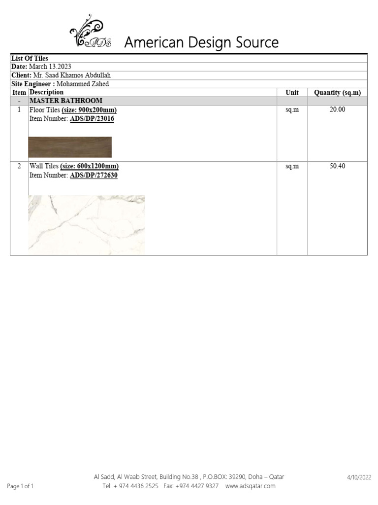 Saad Khamis Abdullah Tiles Quantity for Master Bathroom | PDF