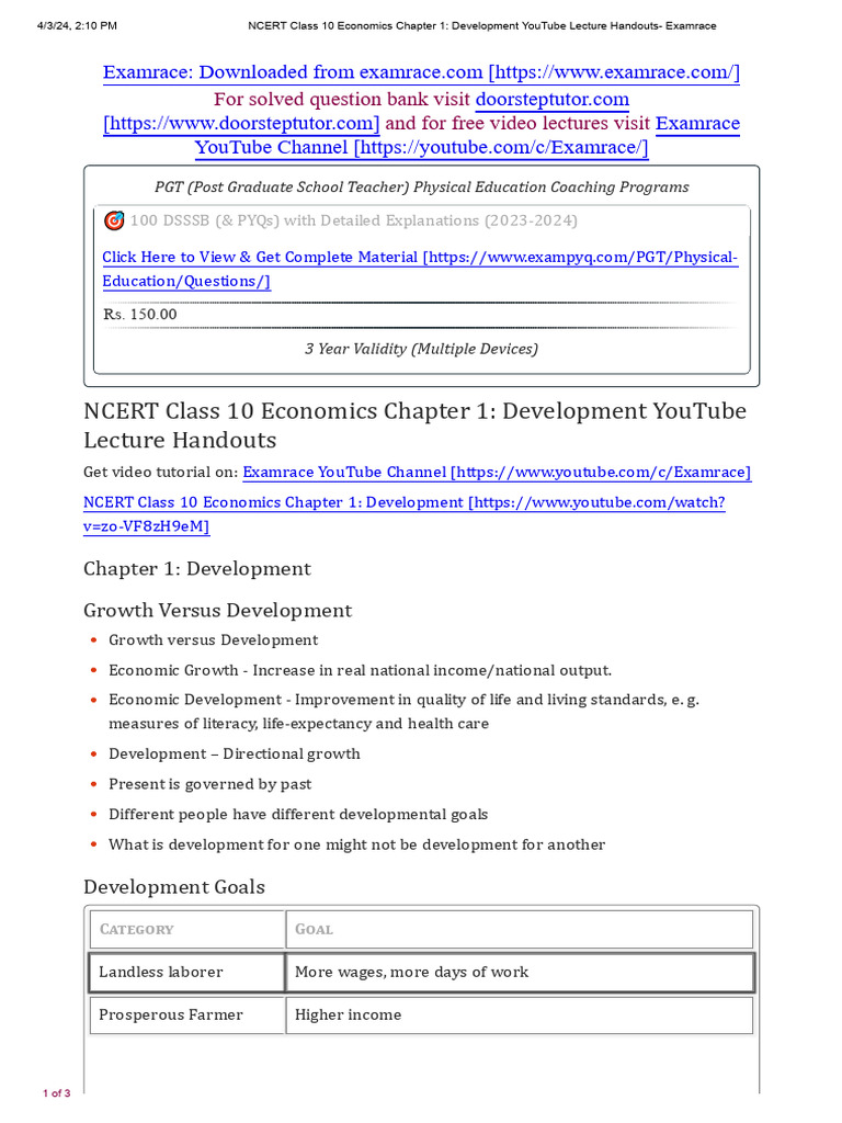 NCERT Class 10 Economics: Development | PDF | Human Development Index | Poverty
