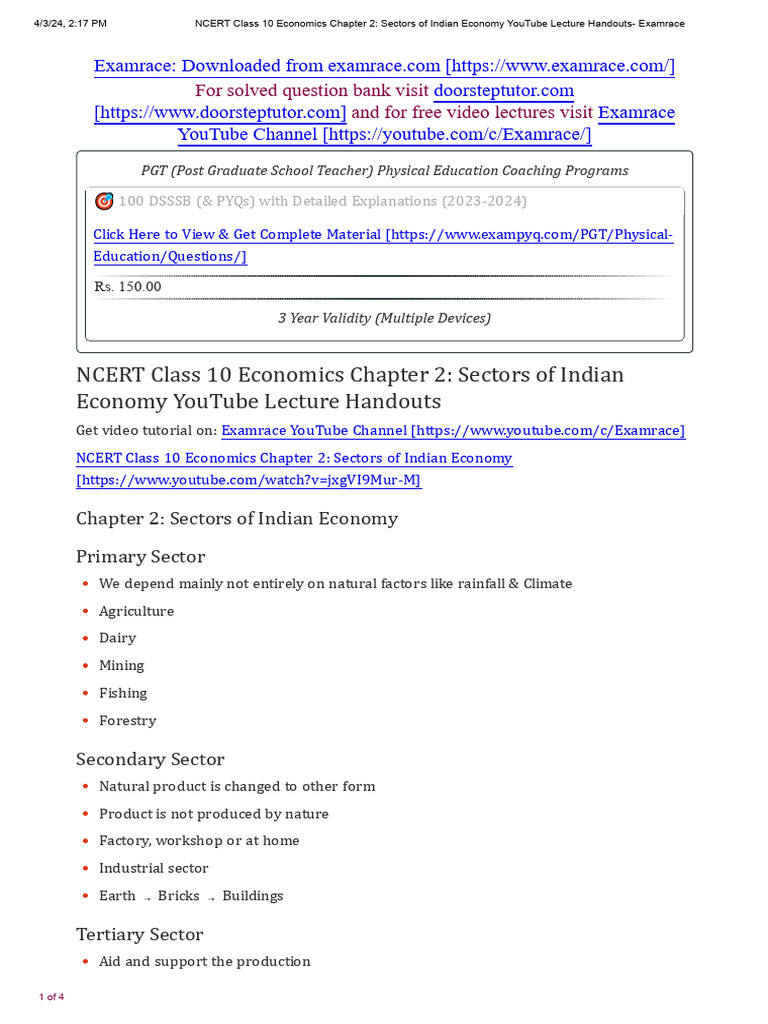 NCERT Class 10 Economics Chapter 2 YouTube Lecture Handouts | PDF ...