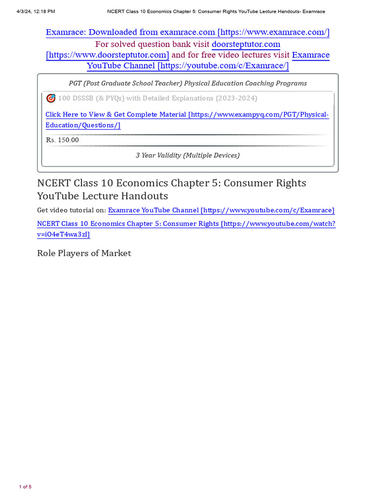 NCERT Class 10 Economics Chapter 5 YouTube Lecture Handouts | PDF ...