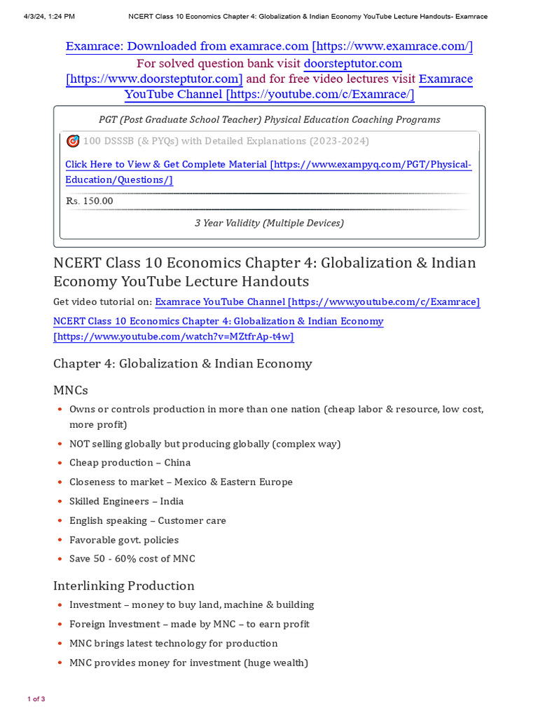 NCERT Class 10 Economics Chapter 4 YouTube Lecture Handouts | PDF ...