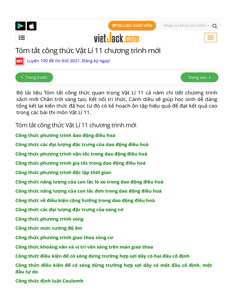WWW Vietjack Com Tai Lieu Mon Ly Tom Tat Cong Thuc Vat Li Lop 11 JSP - Zarsrc 31&u... | PDF