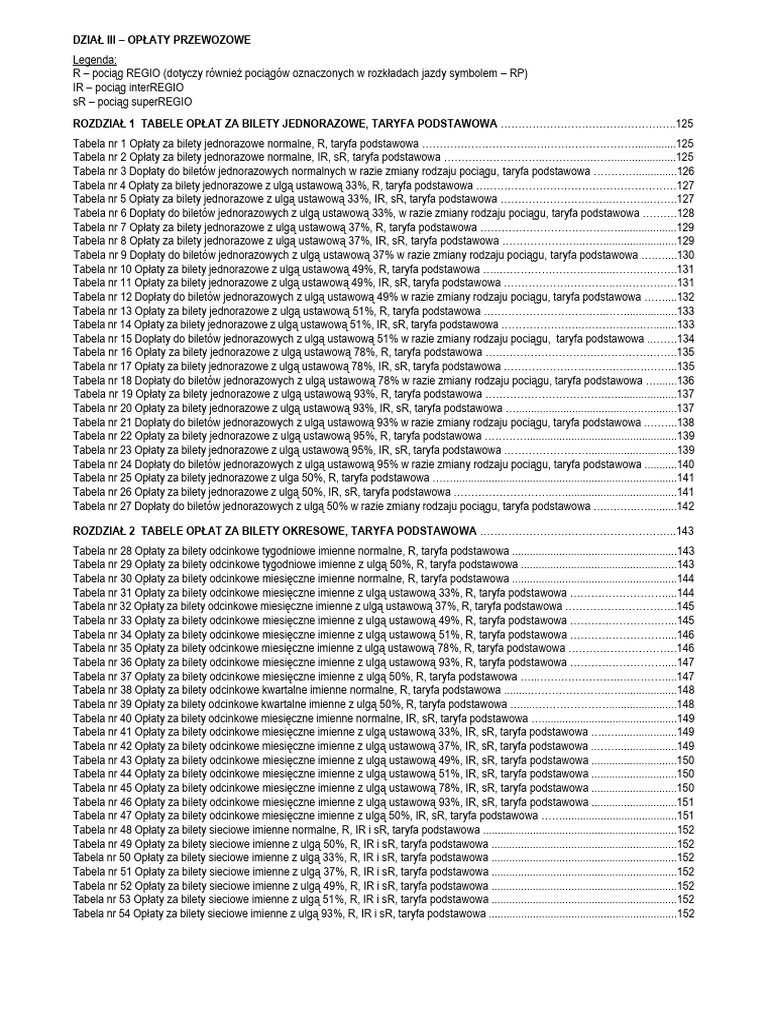 Tabele Opłat Dział III Taryfy Przewozowej Od 15122024 R Całość | PDF