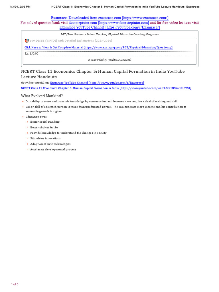 NCERT Class 11 Economics Chapter 5 YouTube Lecture Handouts | PDF ...