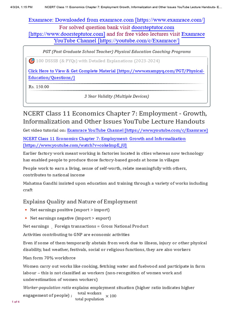 NCERT-Class-11-Economics-Chapter-7-YouTube-Lecture-Handouts | PDF | Employment | Unemployment