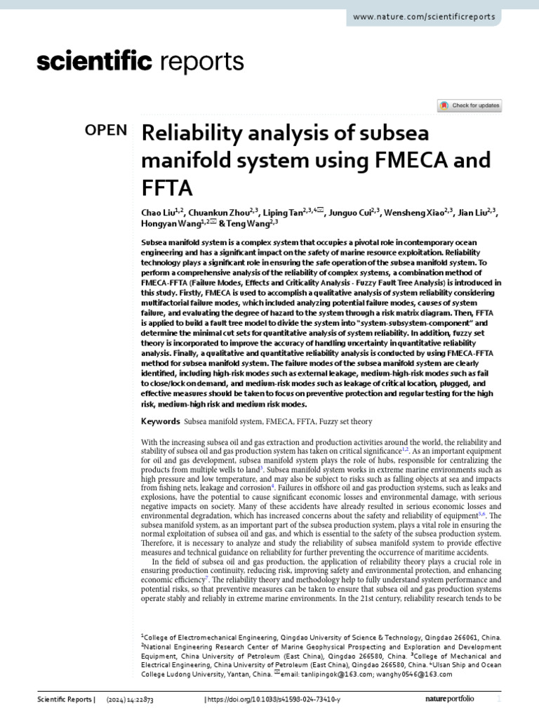 Reliability Analysis of Subsea Manifolds | PDF | Reliability Engineering | Risk