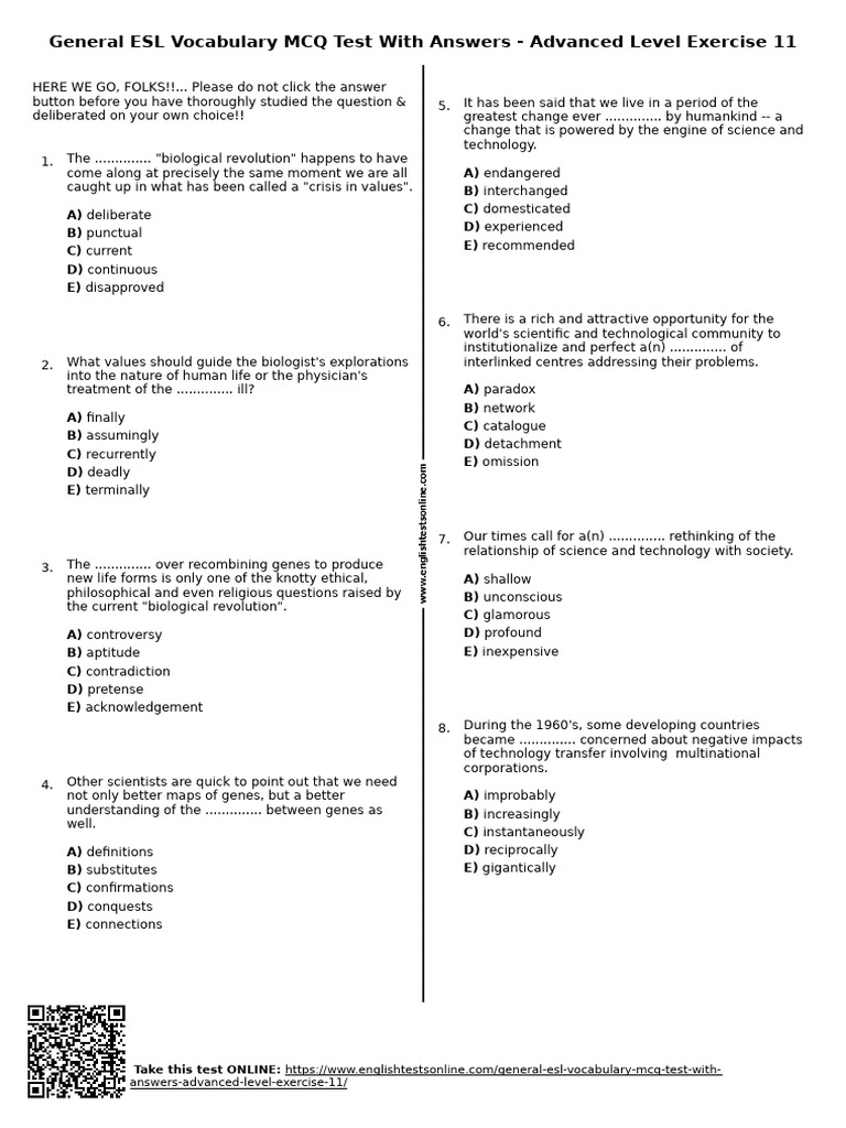 Advanced ESL Vocabulary MCQ Test | PDF