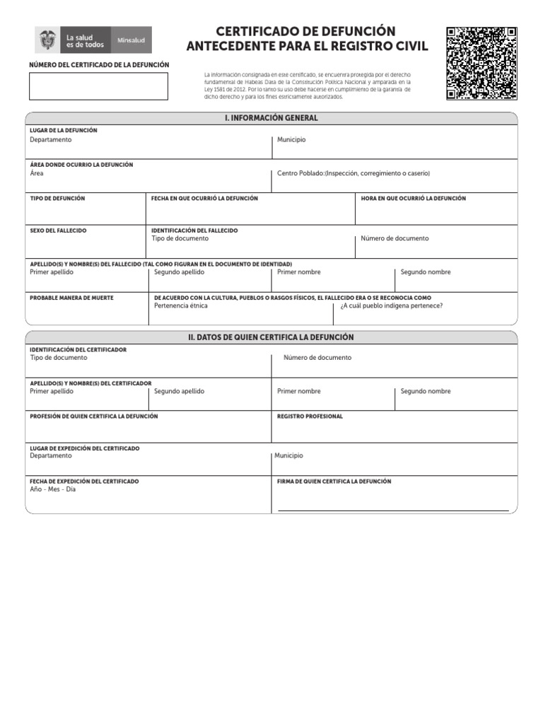 Certificado de Defunción Antecedente para El Registro Civil: I ...