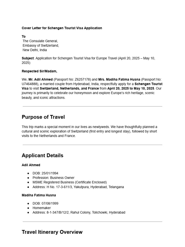 Schengen Visa Cover Letter for Honeymoon | PDF | Travel Visa ...