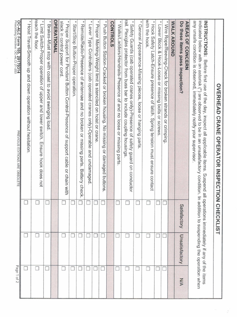 Overhead Crane Operator Isnpection Checklist | PDF