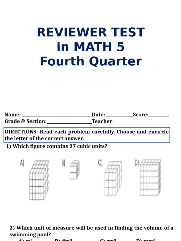 Reviewer Test q4 Math 5 | PDF | Volume | Litre