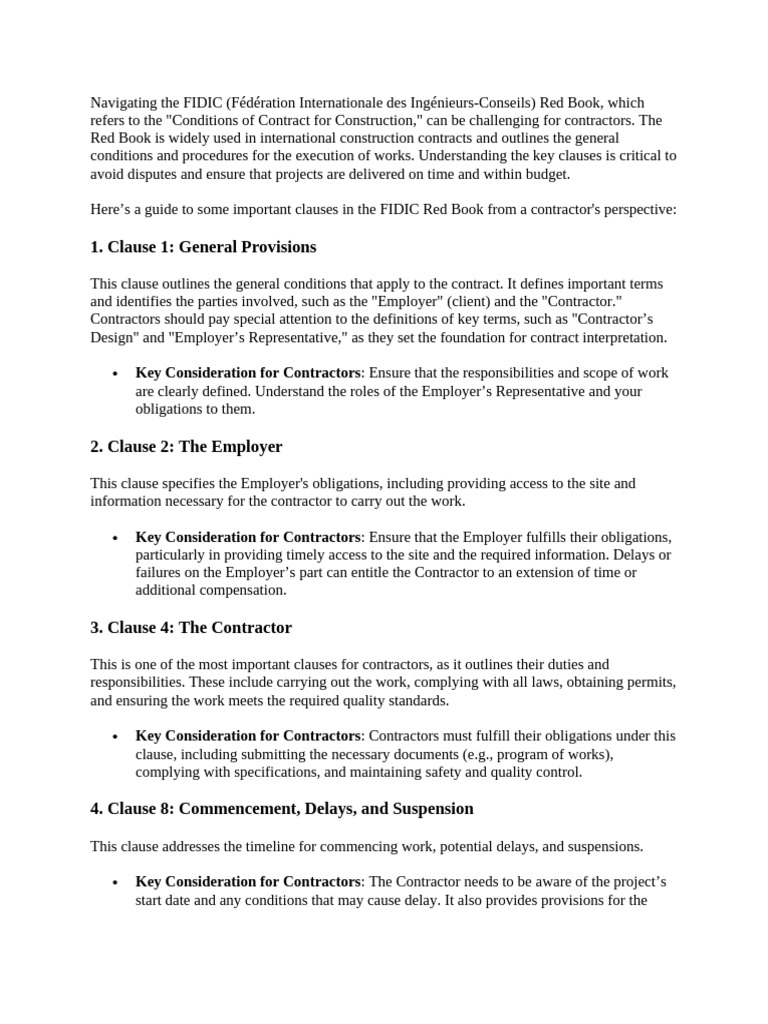 Navigating The FIDIC Red Book Contractual Clauses As A Contractor | PDF | Employment | General ...