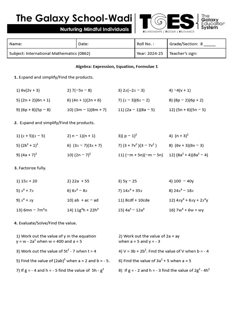 24-25 G8 Algebra - Expression, Equation, Formulae 1 | PDF | Equations ...