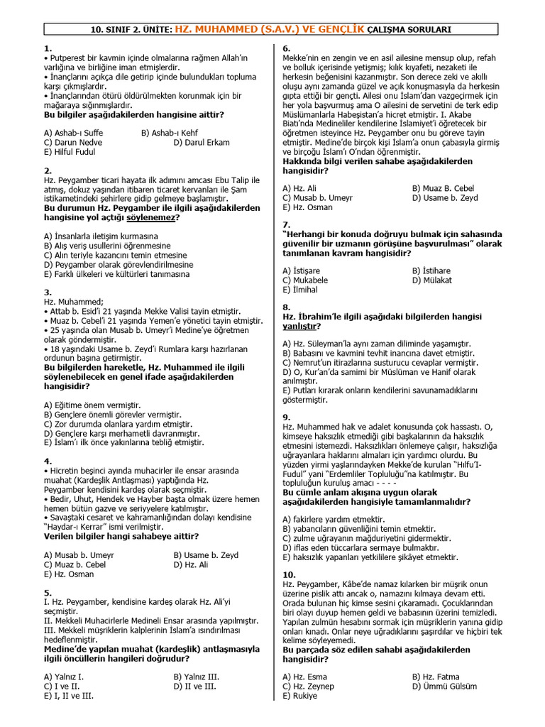 10.Sinif Din Kulturu 2.Unite Hz Muhammed Ve Genclik Calisma Sorulari Ve Cevaplari | PDF
