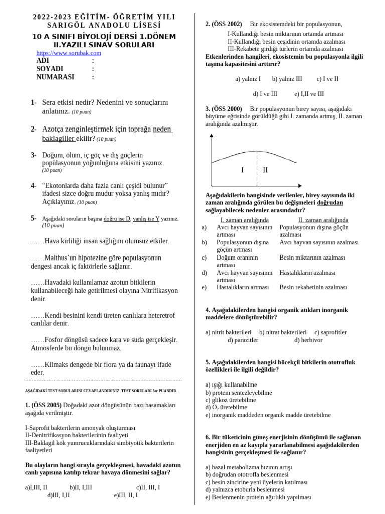 10 Biyol 1 Donemyaz 2 N 5 | PDF