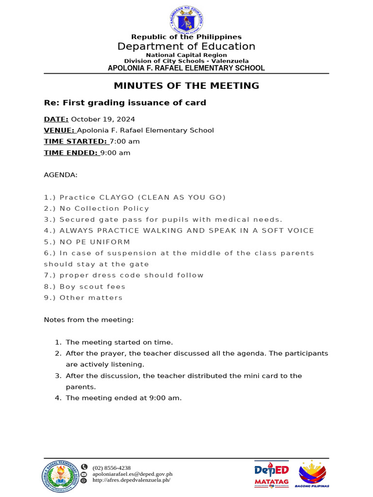 Minutes of Meeting First Quarter Issuance of Card | PDF