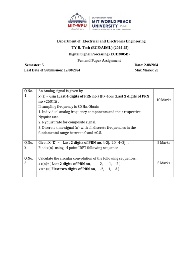 Digital Signal Processing Assignment 2024 | PDF