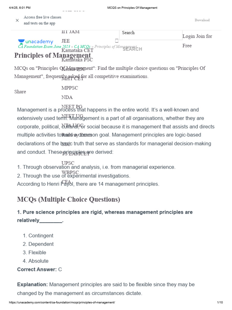 MCQS On Principles of Management | PDF | Multiple Choice