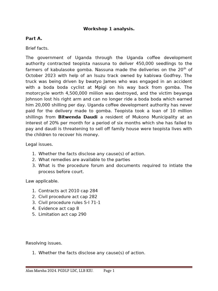 WORKSHOP 1 ANALYSIS | PDF | Lawsuit | Cause Of Action