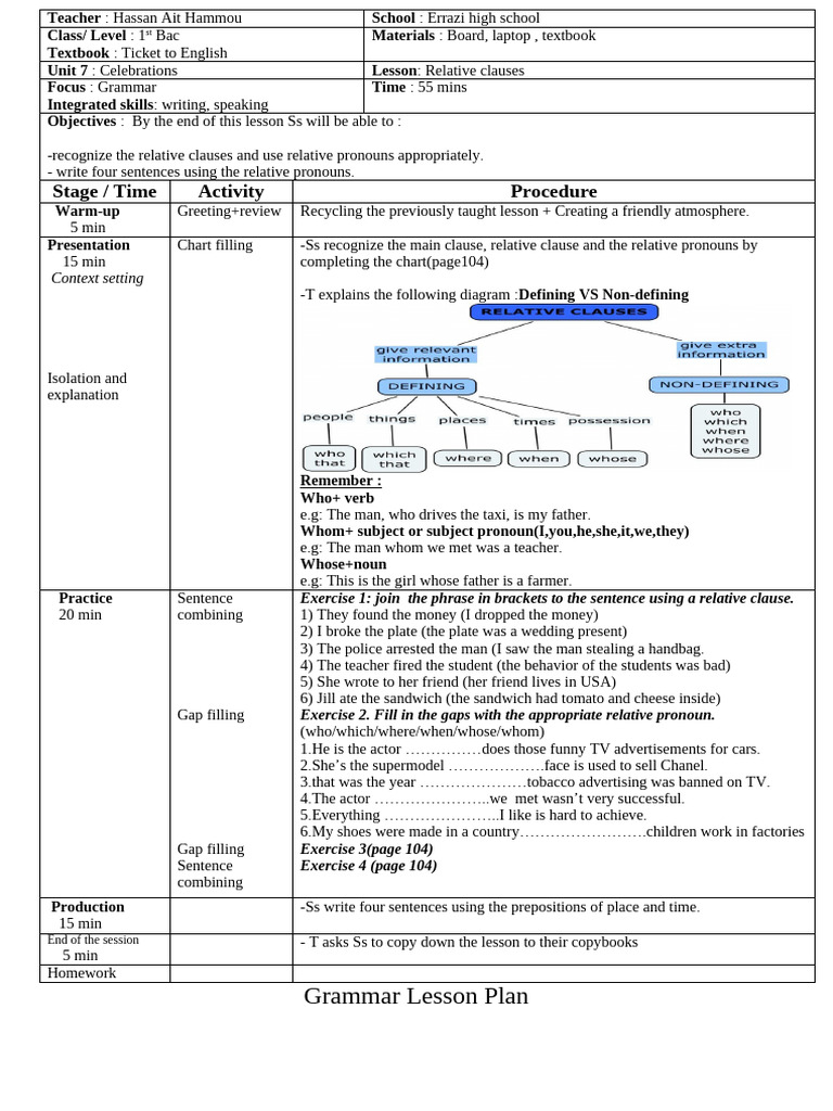 Relative Clauses Lesson Plan | PDF | Clause | Sentence (Linguistics)