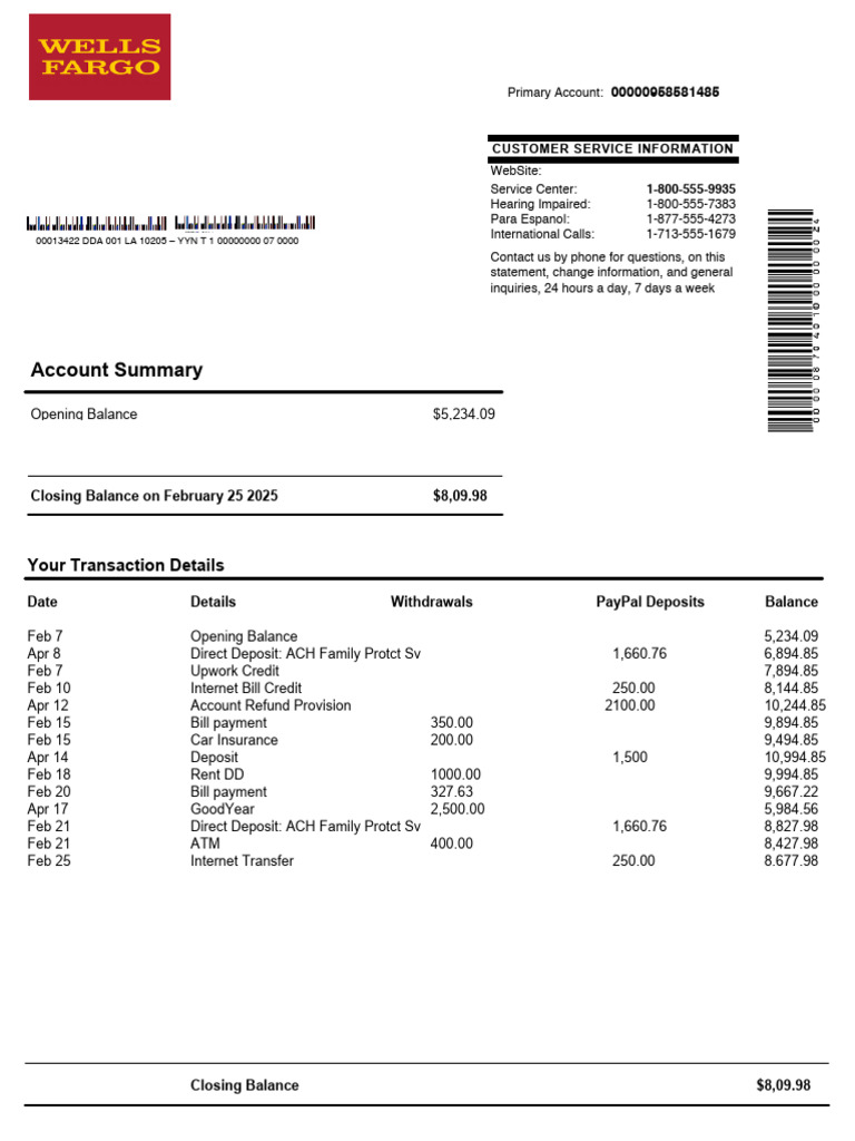 Wells Fargo Account Transaction Summary | PDF | Payments | Automated ...