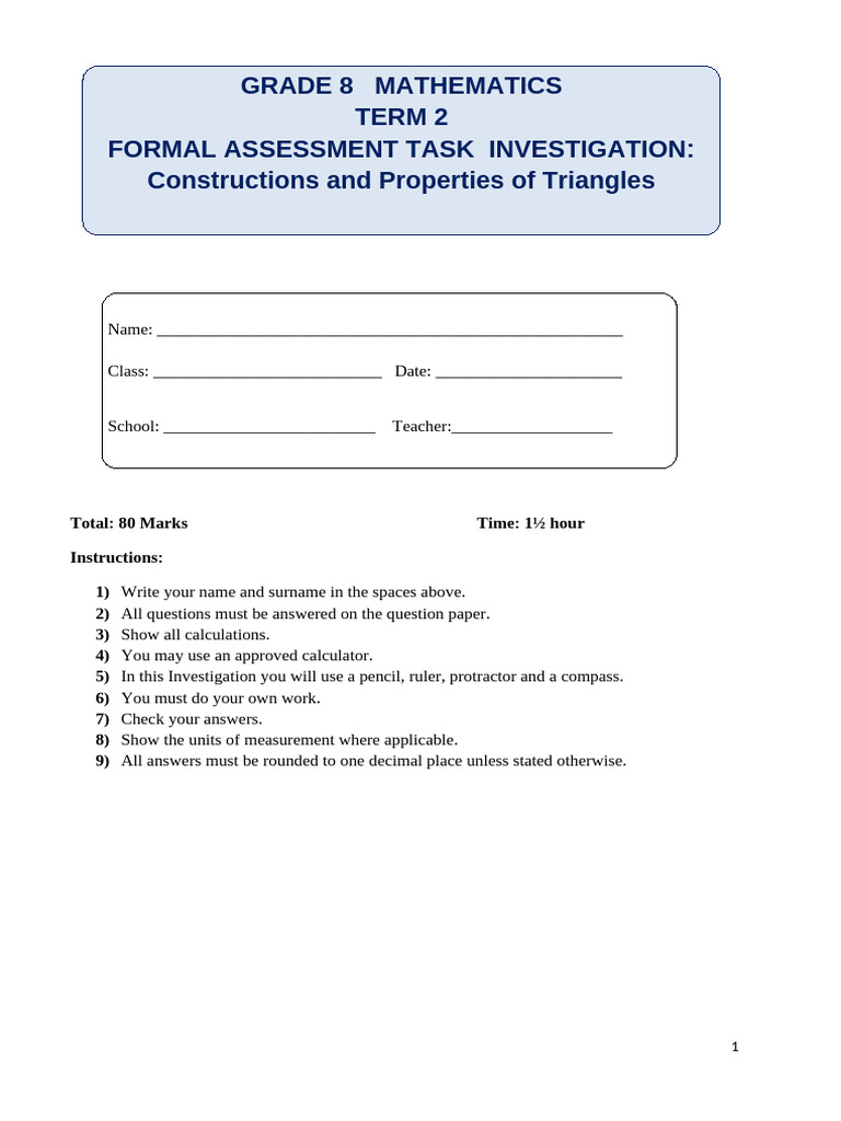 Grade 8 Term 2 Math Investigation | PDF | Triangle | Area