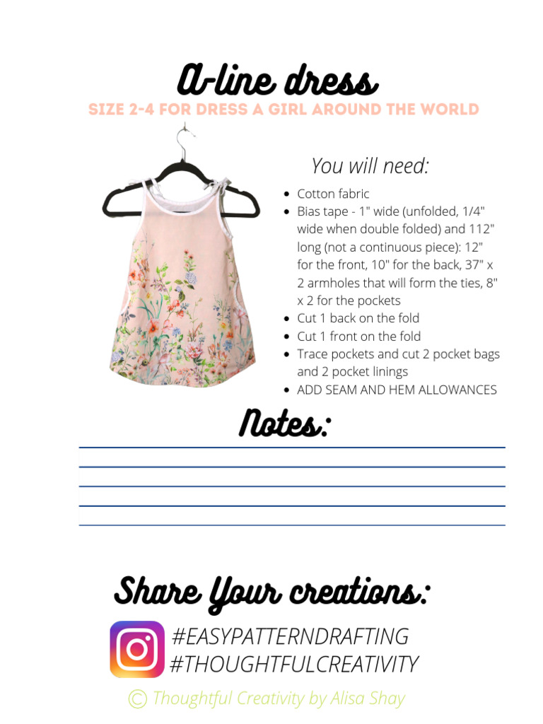 A-Line Dress Pattern For Dress A Girl With Side Seam Pockets One Size 2 ...