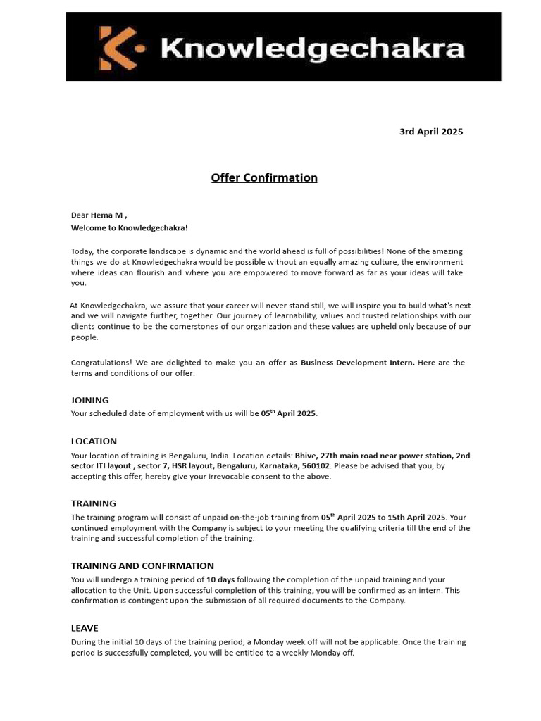 Hema Offer Letter Internship | PDF | Background Check | Justice