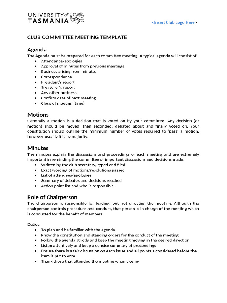 Club Committee Meeting Template | PDF | Committee | Agenda (Meeting)