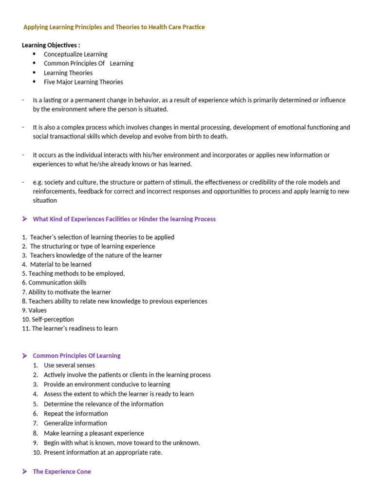 Applying Learning Principles and Theories to Health Care Practice | PDF ...
