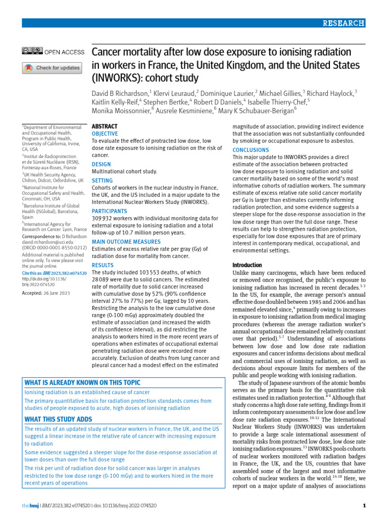 Cancer mortality after low dose exposure to ionising radiation 2023 ...