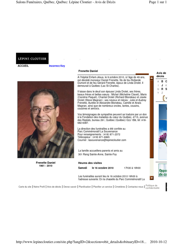 Décès de Daniel Frenette à 49 ans | PDF | Rite funéraire | Anthropologie