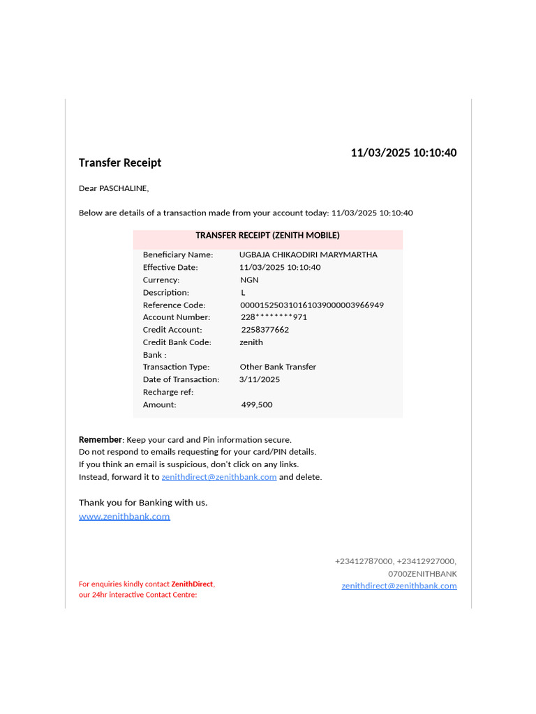 Zenith Bank Transfer Receipt Details | PDF