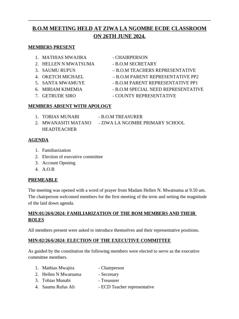 B.O.M Meeting Minutes for Ziwa La Ngombe | PDF