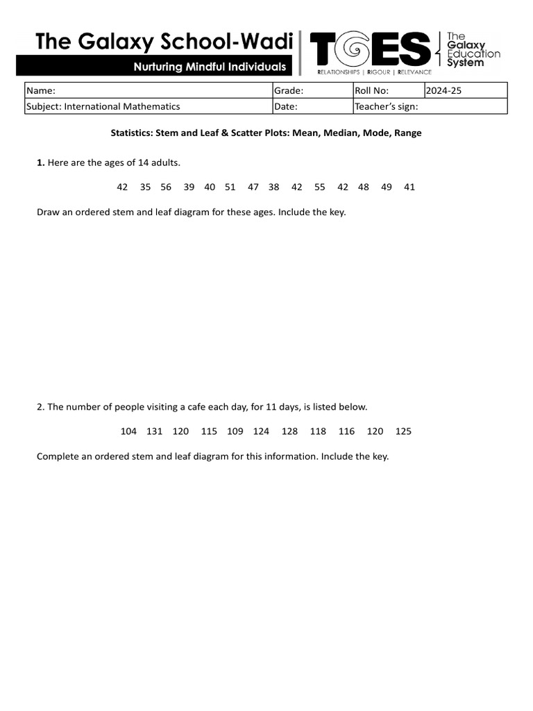 24-25 G8 Statistics - Stem and Leaf & Scatter Plots | PDF | Scatter Plot