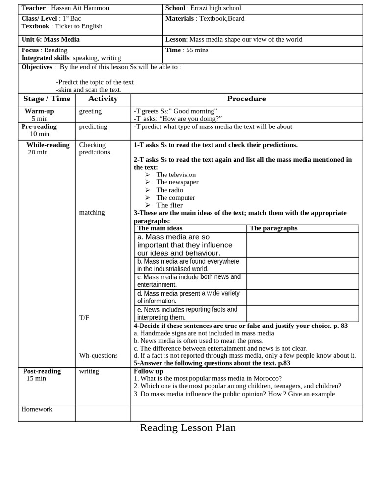 Lesson Plan-Mass Media Shape Our View of The World | PDF | Mass Media ...