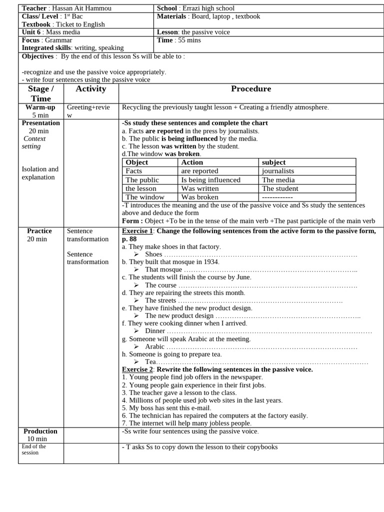 Lesson Plan - Grammar Passive Voice | PDF | Verb | Syntax