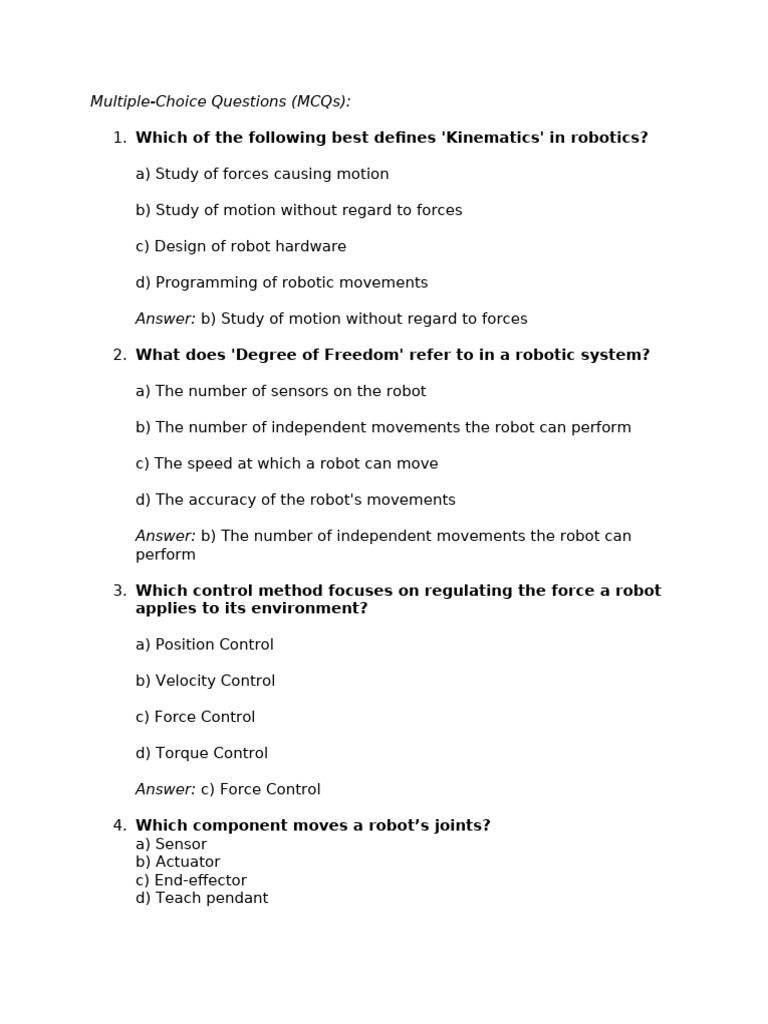 Robotics and Automation - MCQs (Part 1) | PDF