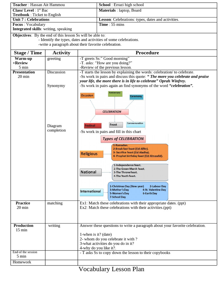Lesson Plan-Vocabulary Celebrations | PDF
