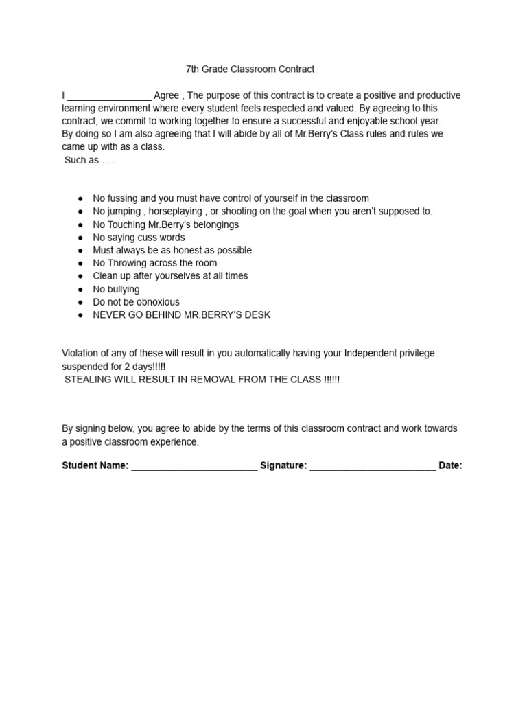 7th Grade Classroom Contract Agreement | PDF